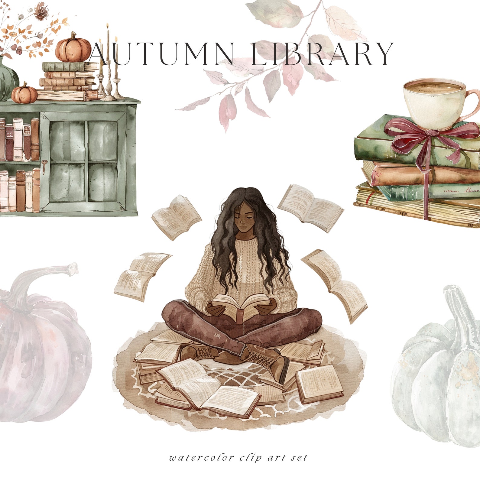 Watercolor Autumn Library Clipart Bundle, Fall Clipart PNG, Books ...