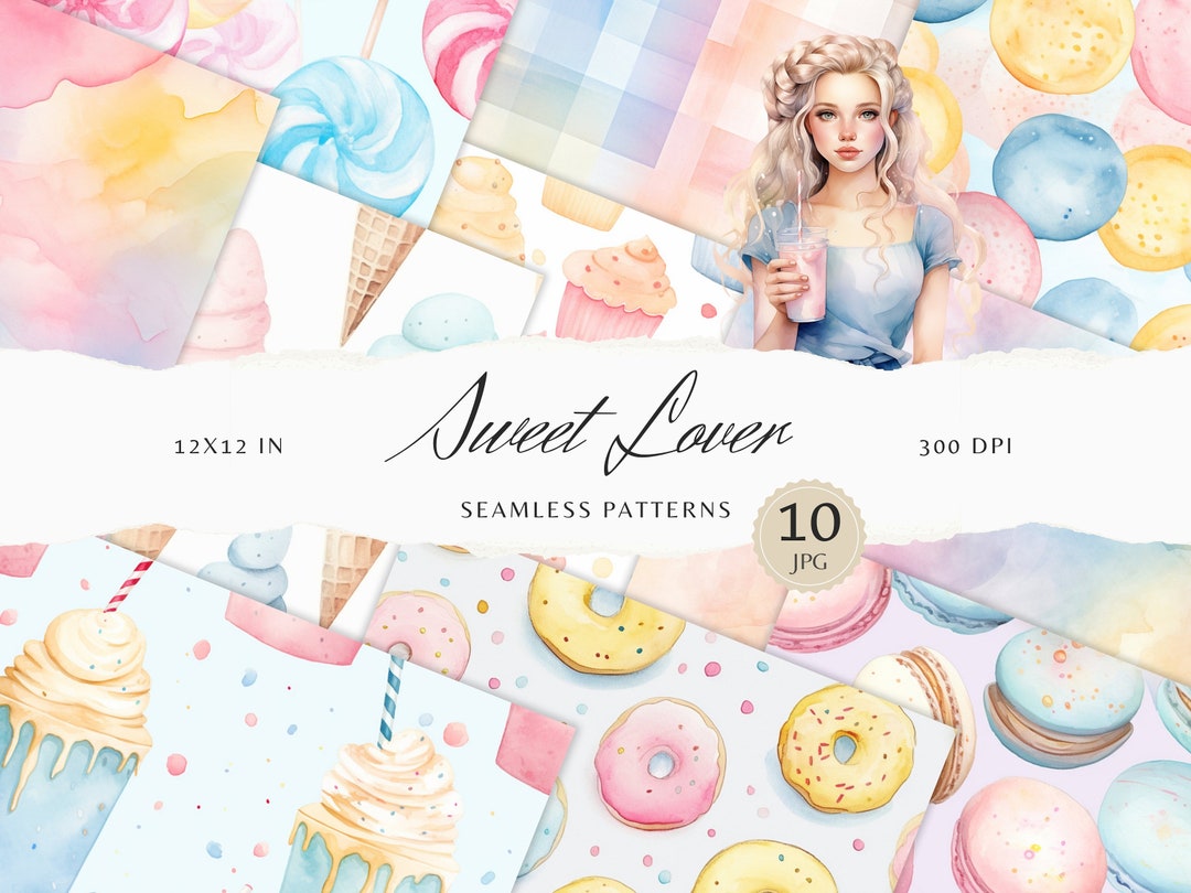 Watercolor Sweet Lover Seamless Patterns, Sweets Pattern JPEG, Donuts ...