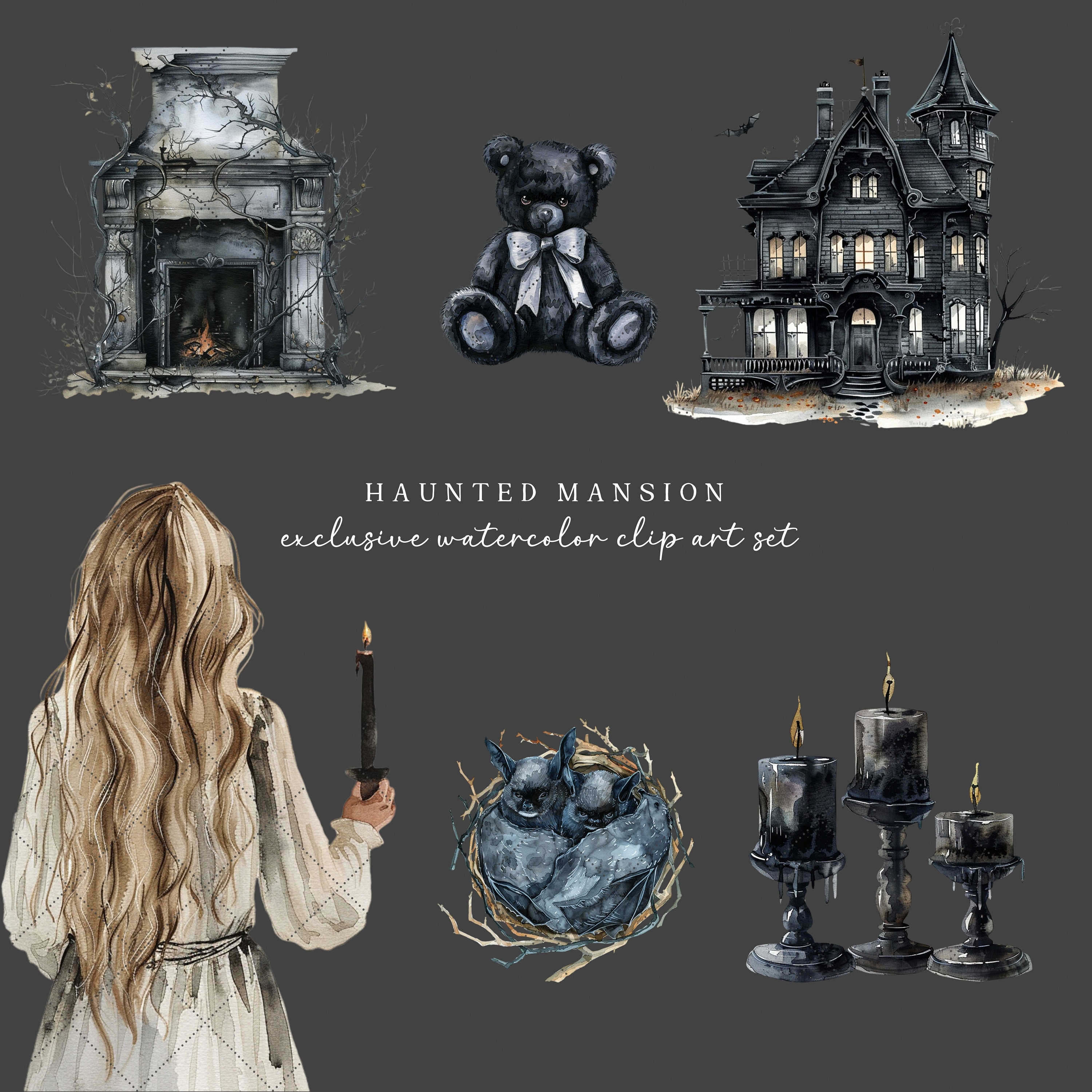 Watercolor Haunted Mansion Halloween Clipart, Spooky Creepy Gothic Clip ...