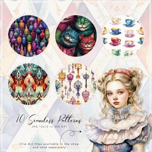 Seamless Watercolor Alice in Wonderland Patterns, Fantasy Pattern JPEG ...