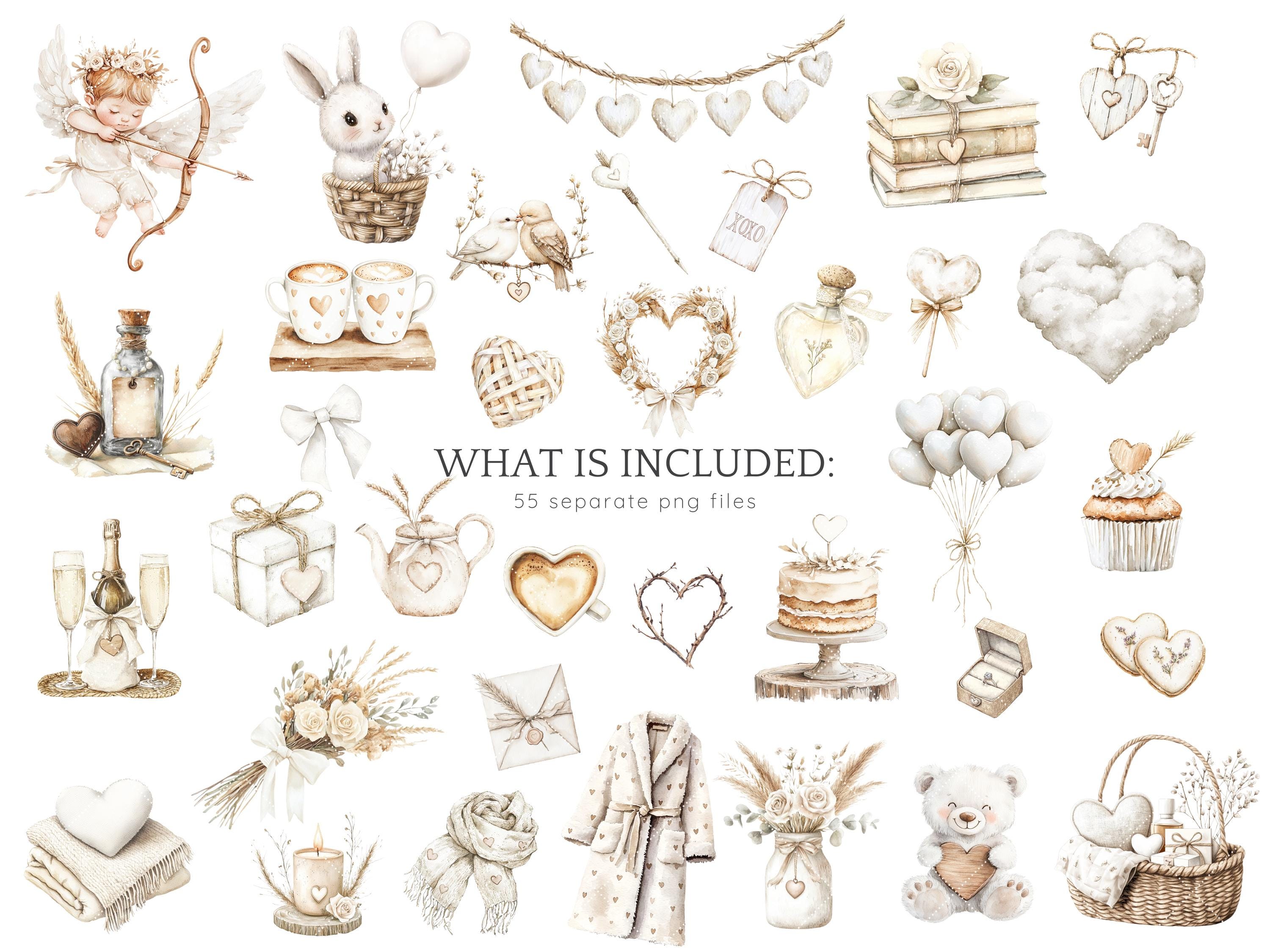 Watercolor Boho Valentines Day Clipart Bundle, Romantic Clip Art PNG ...