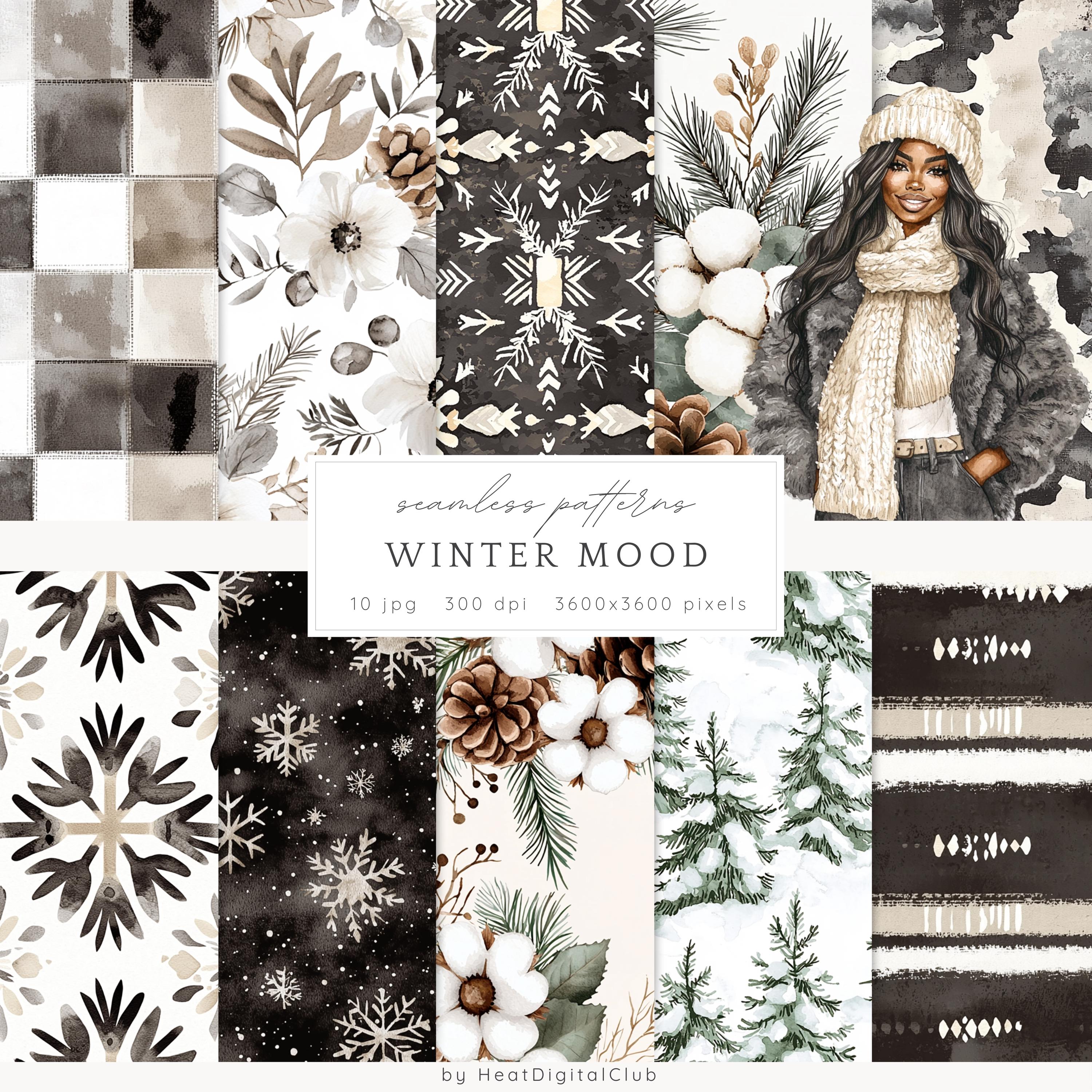 Watercolor Winter Mood Seamless Patterns, Cozy Winter JPEG, Snowflakes ...