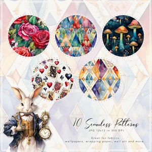 Seamless Watercolor Alice in Wonderland Patterns, Fantasy Pattern JPEG ...