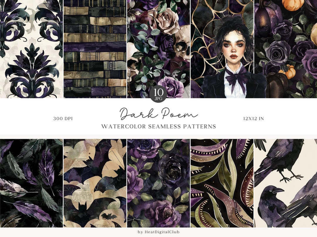 Watercolor Dark Poem Seamless Patterns, Dark Gothic Pattern JPEG ...