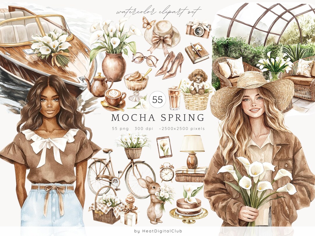 Watercolor Mocha Spring Clipart, Cottage Spring Summer Garden, Cozy ...