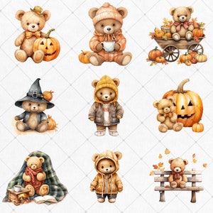 18 Fall Teddy Bears Clipart, Cozy Autumn Watercolor Clip Art, Cute Bear ...