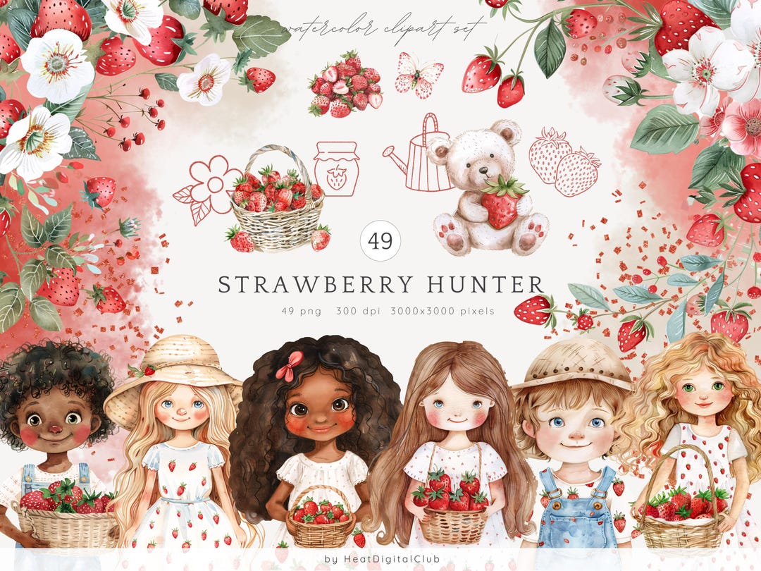 Watercolor Strawberry Hunter Clipart Bundle, Little Girls Clip Art ...