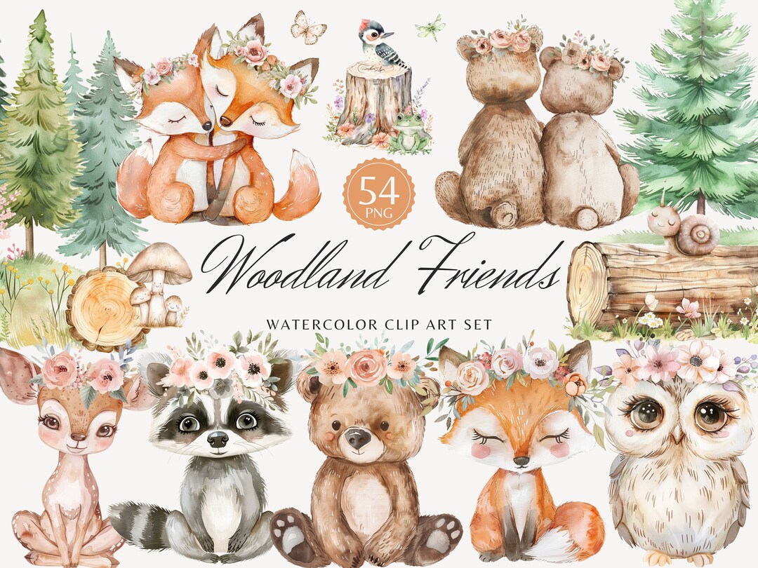 Watercolor Woodland Friends Clipart Bundle, Cute Forest Animals Clip ...