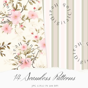 Watercolor Shabby Chic Seamless Patterns, Pastel Floral JPEG, Stripes ...