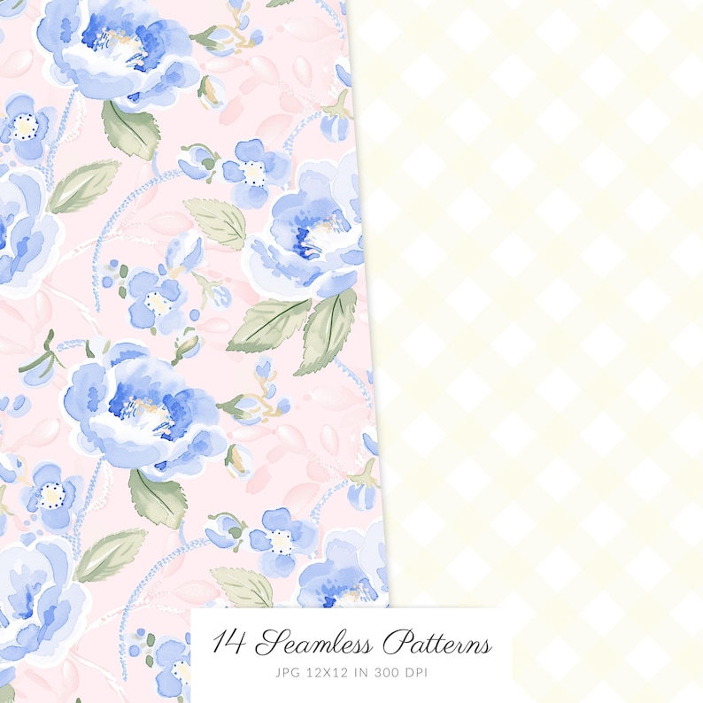 Watercolor Grandmillennial Seamless Patterns, Set 2, Pastel Floral JPEG ...