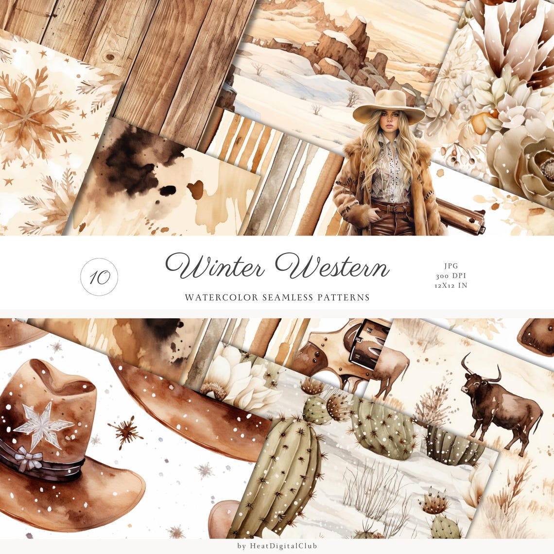 Seamless Watercolor Winter Western Patterns, Cactus Snowflakes Cowboy ...
