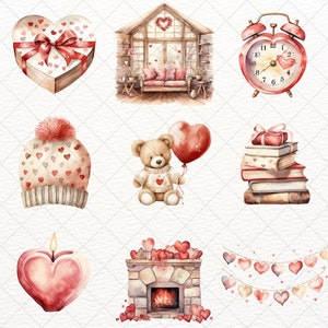 Watercolor Cozy Valentine Clipart Bundle, Valentines Day Clip Art PNG ...