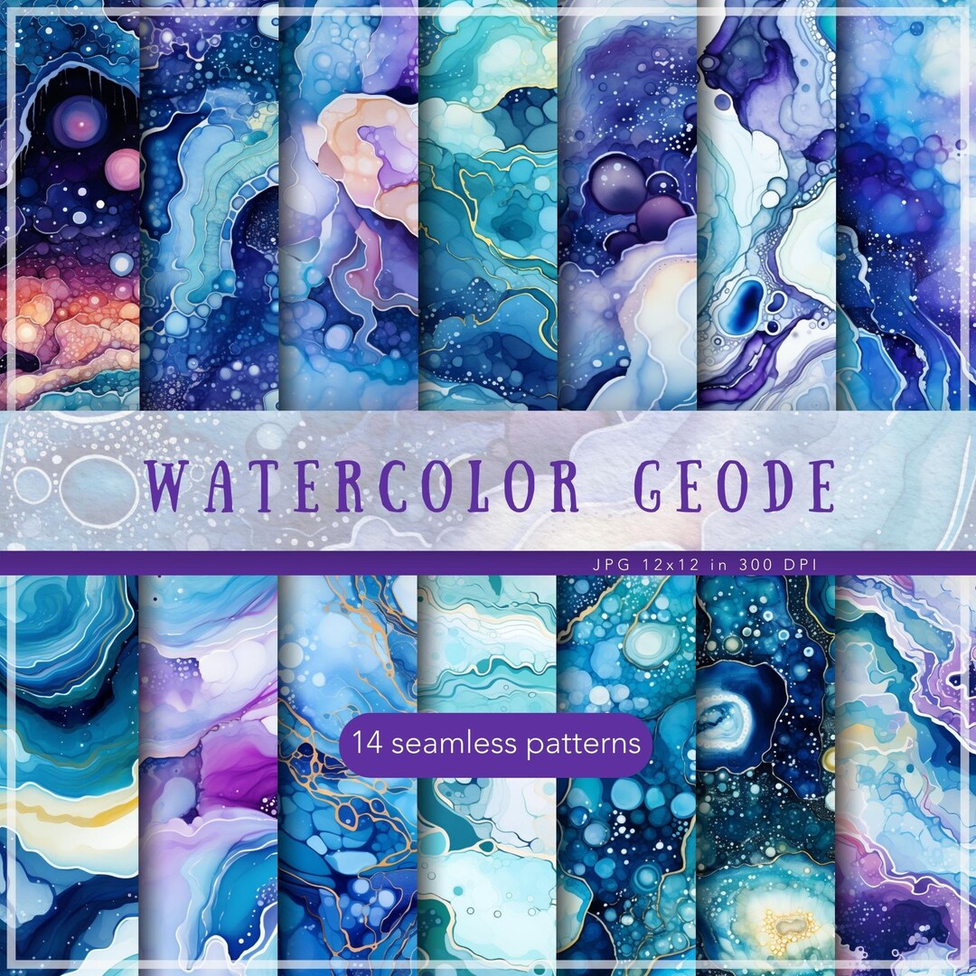 14 Seamless Watercolor Geode Patterns, Gemstones Textures Digital ...