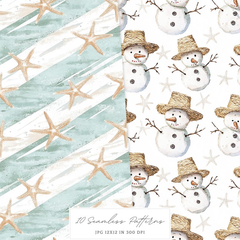 Watercolor Coastal Holidays Seamless Patterns, Ocean JPEG, Christmas ...