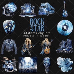 Watercolor Rock Star Clipart Bundle, Rock and Roll Music Clip Art ...