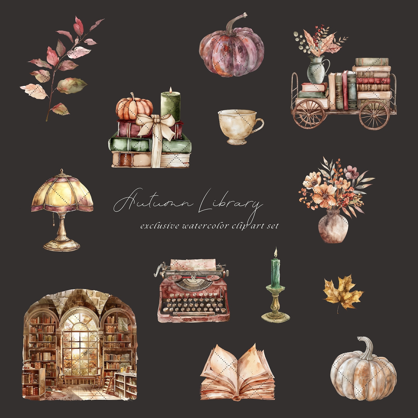Watercolor Autumn Library Clipart Bundle, Fall Clipart PNG, Books ...