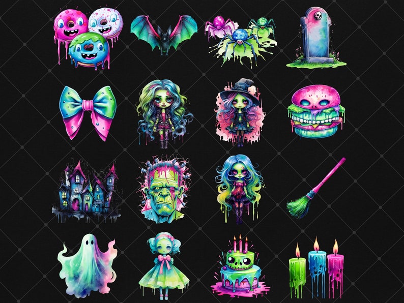 Watercolor Spooky Cute Neon Halloween Witch Clipart Bundle PNG ...