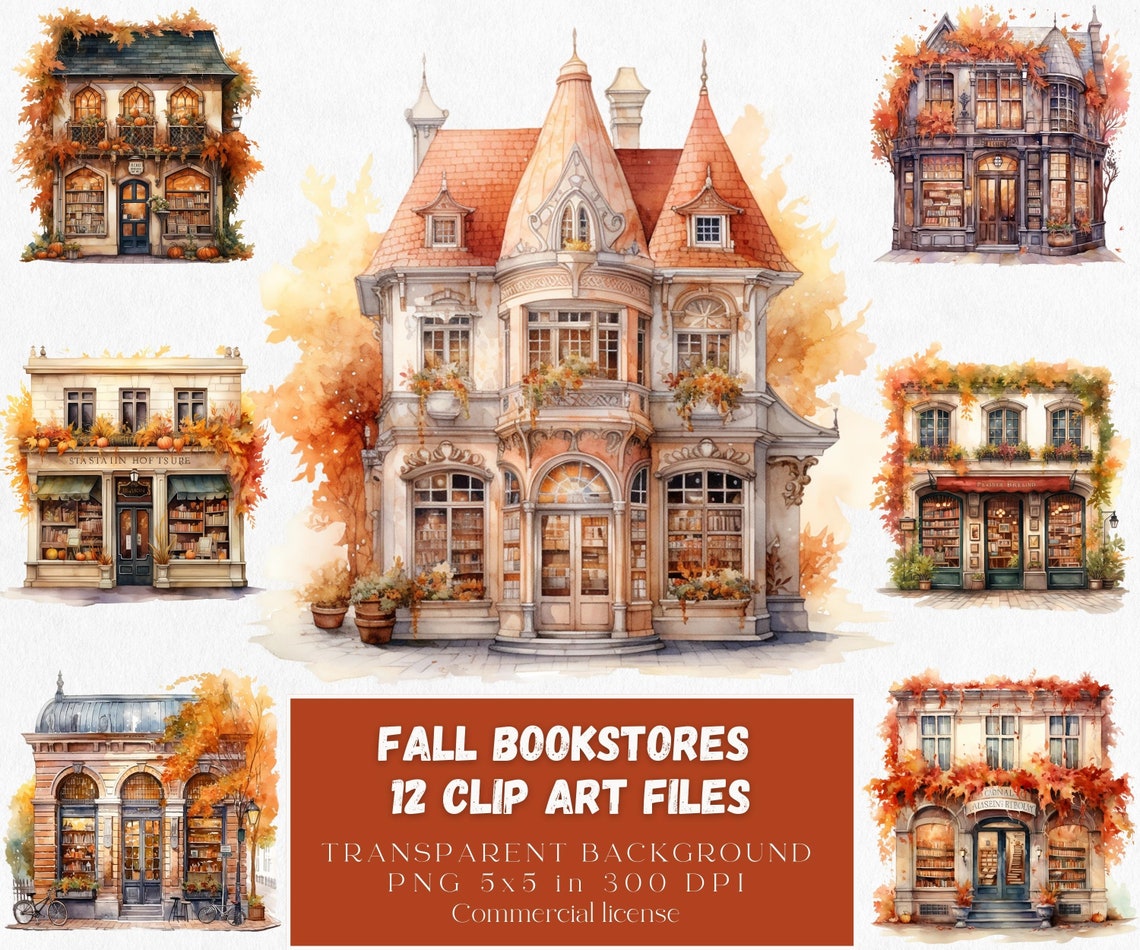 Watercolor Fall Bookstores Facade Clipart PNG Vintage Autumn - Etsy