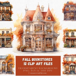 Watercolor Fall Bookstores Facade Clipart PNG Vintage Autumn - Etsy