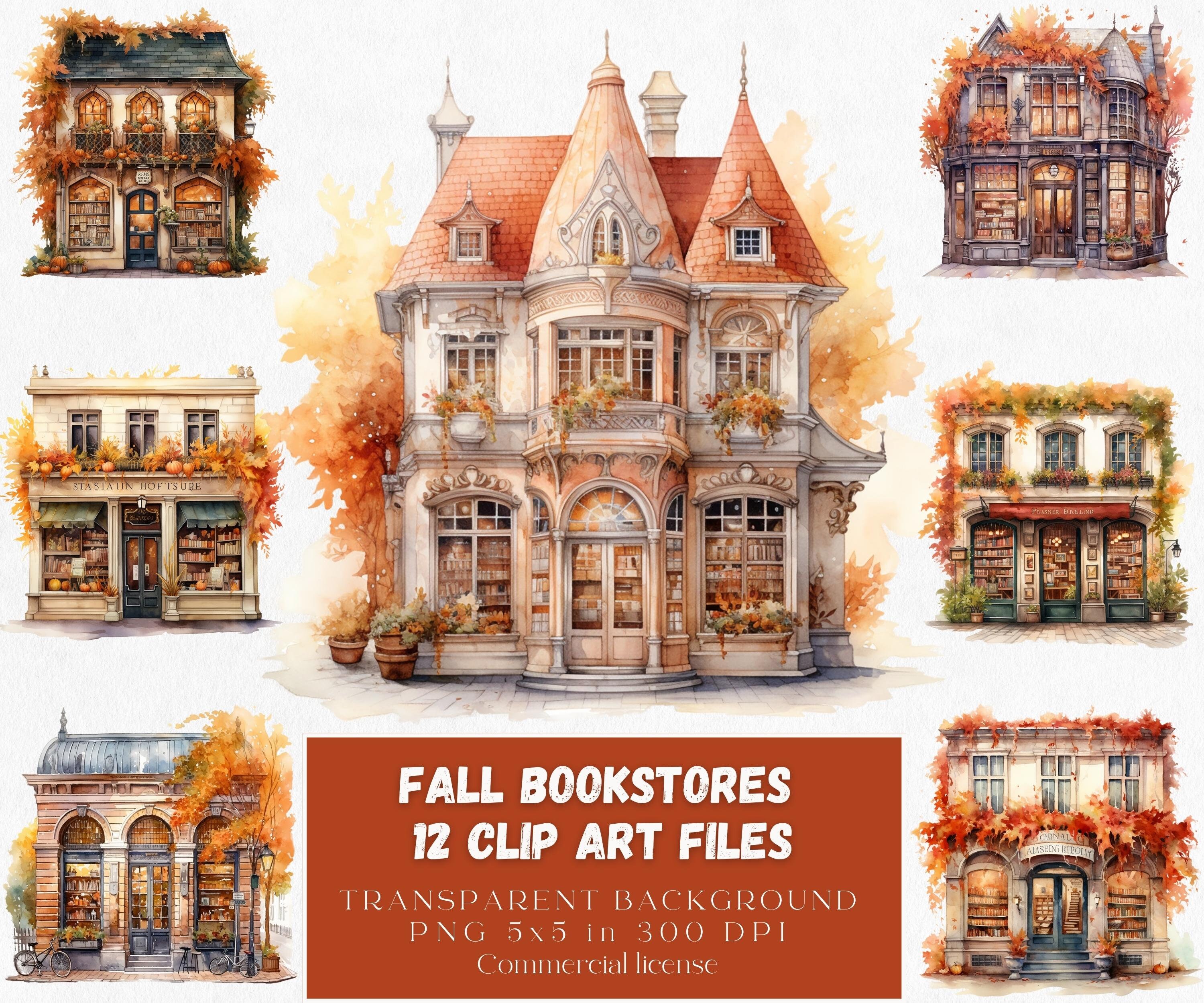 Watercolor Fall Bookstores Facade Clipart PNG Vintage Autumn - Etsy