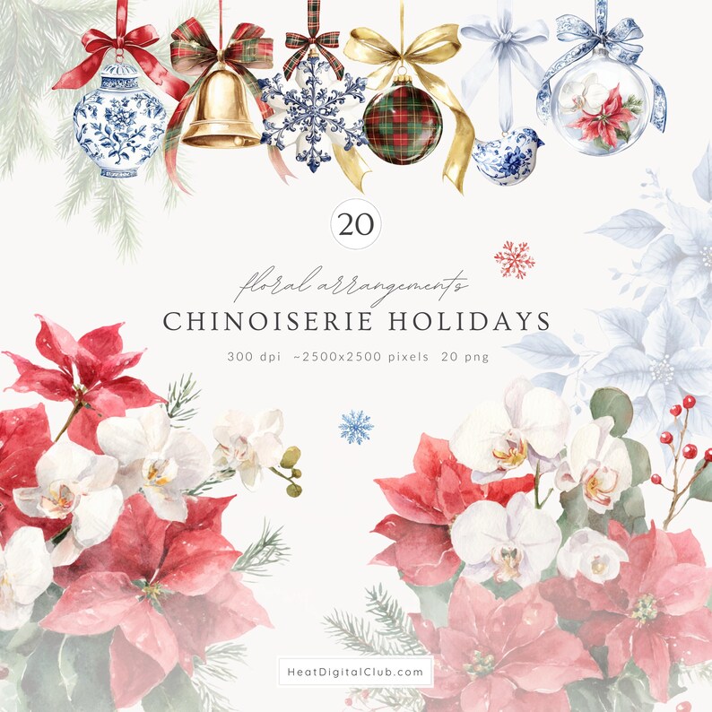 Watercolor Chinoiserie Holidays Clipart Set, Christmas Clipart, Tartan ...
