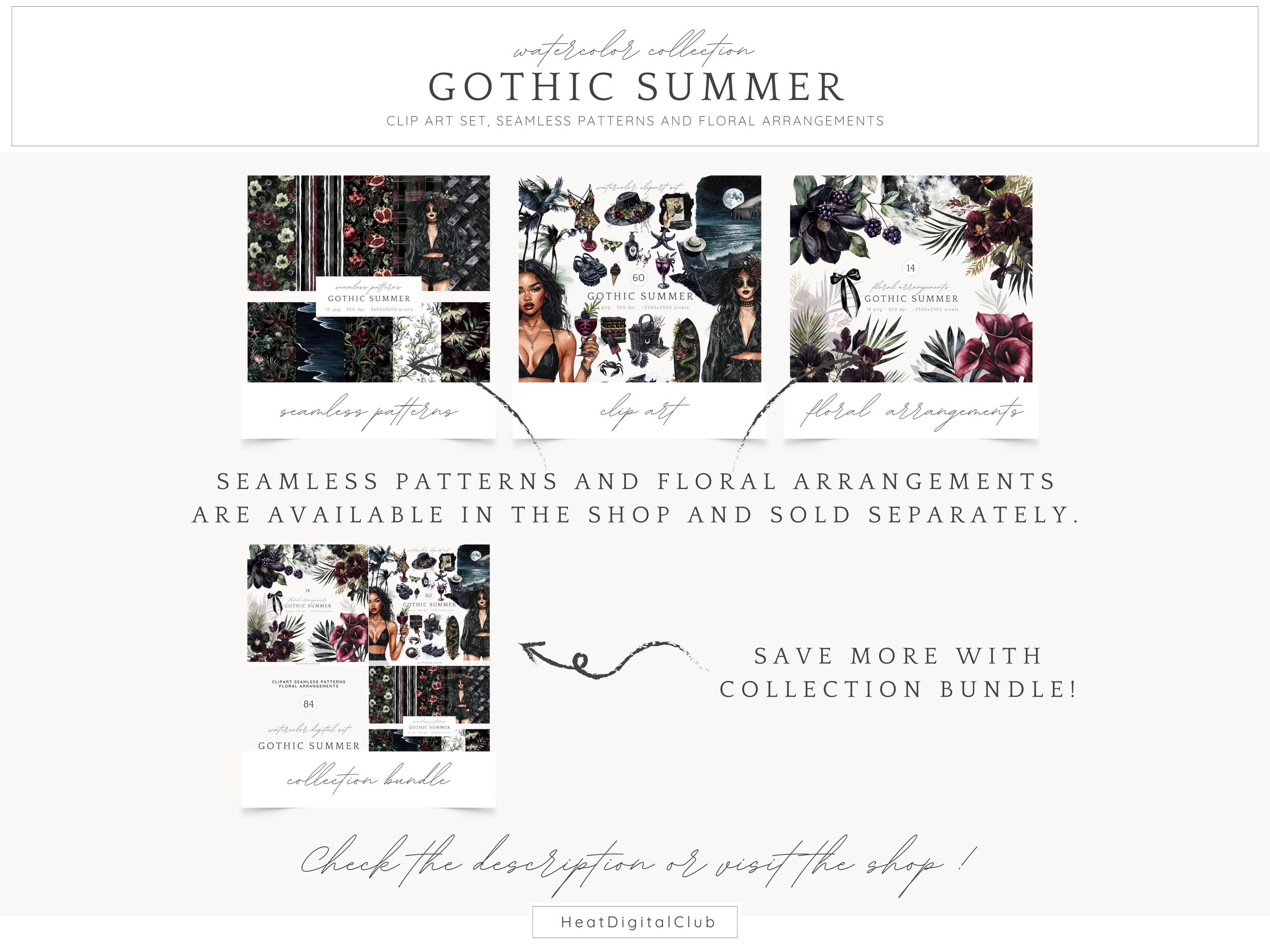 Watercolor Gothic Summer Clipart Bundle, Goth Beach Time PNG Clip Art ...