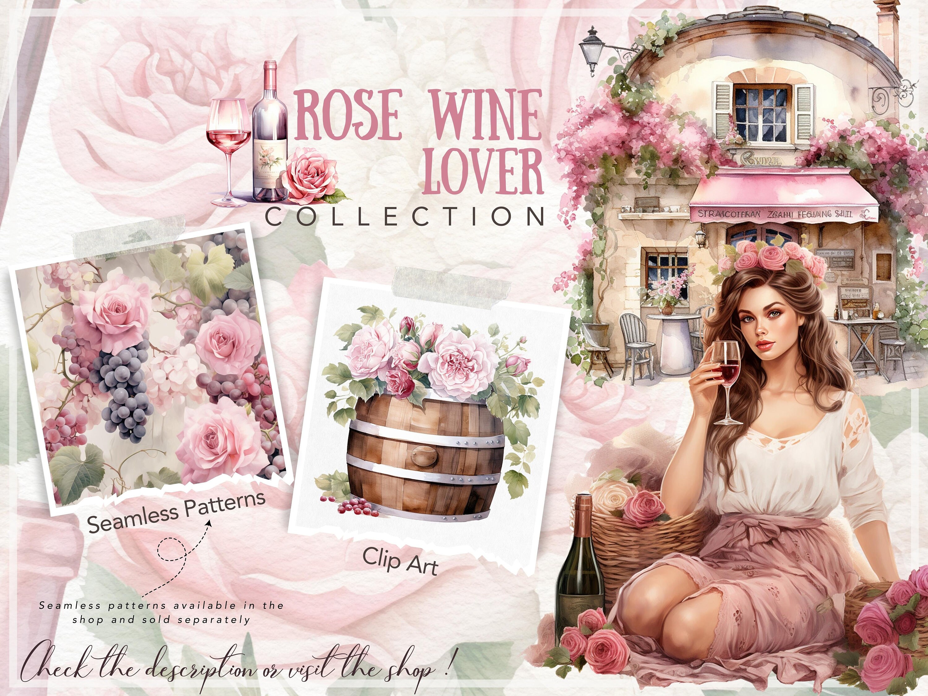 Watercolor Rose Wine Lover Seamless Patterns, Rose Grape Pattern JPEG ...