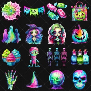 Watercolor Spooky Cute Neon Halloween Witch Clipart Bundle PNG ...