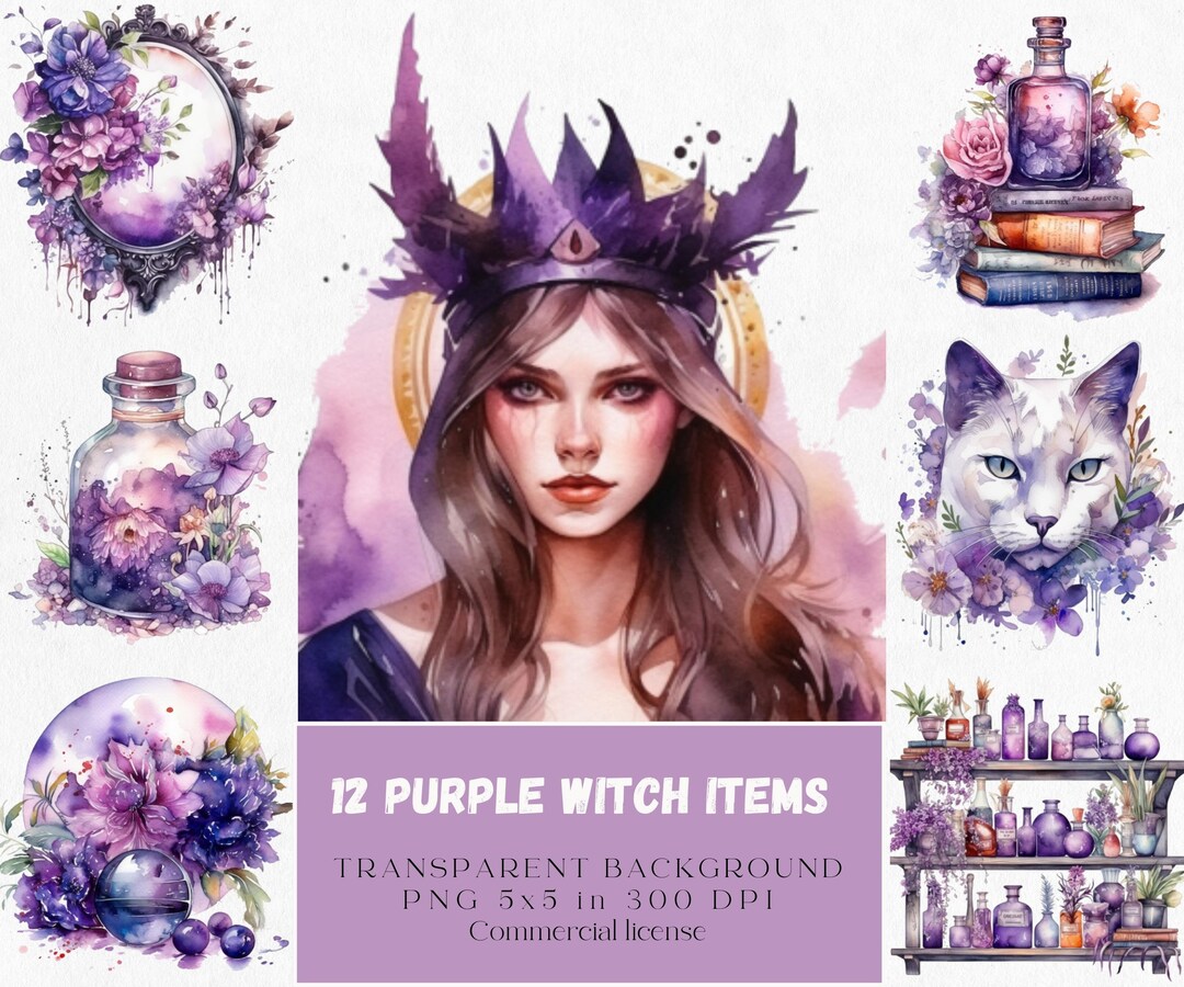 Purple Witch Watercolor Clipart Witch Clip Art Png Magic - Etsy