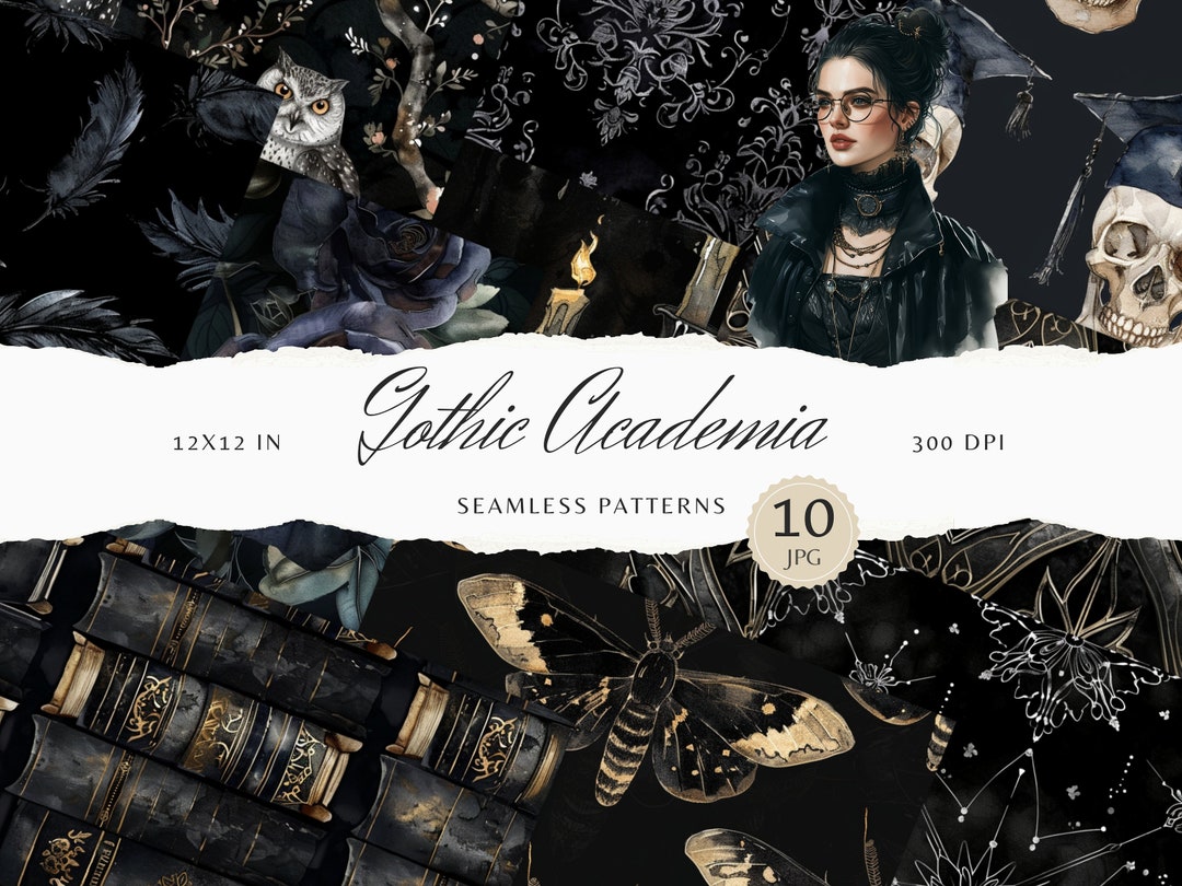 Watercolor Gothic Academia Seamless Patterns, Pattern JPEG, Flora Lace ...