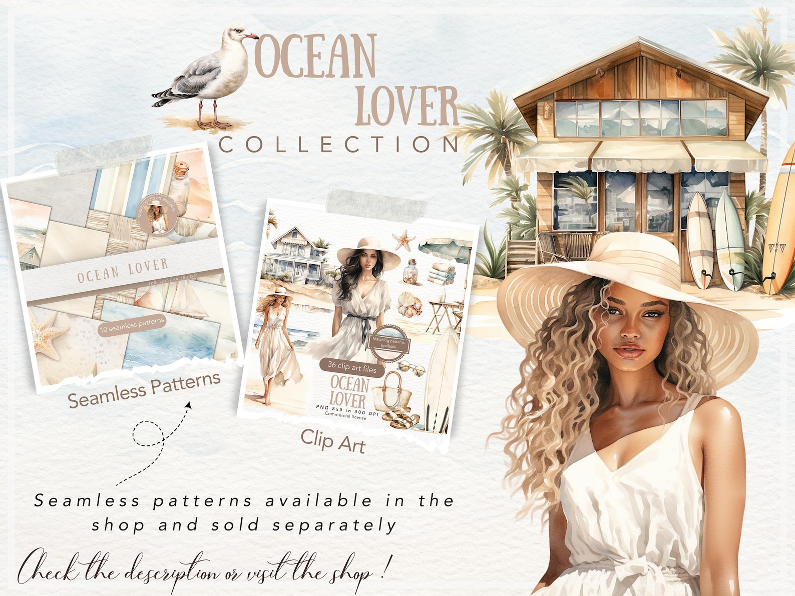 Watercolor Ocean Lover Clipart Bundle, Beach Time PNG Clip Art, Neutral ...