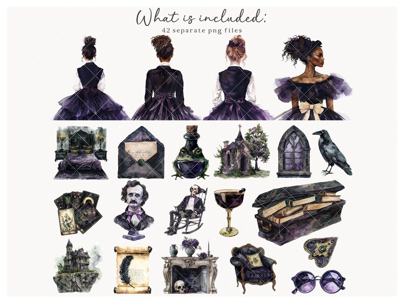 Watercolor Dark Poem Clip Art, Edgar Allan Poe Clipart Set, Vintage ...