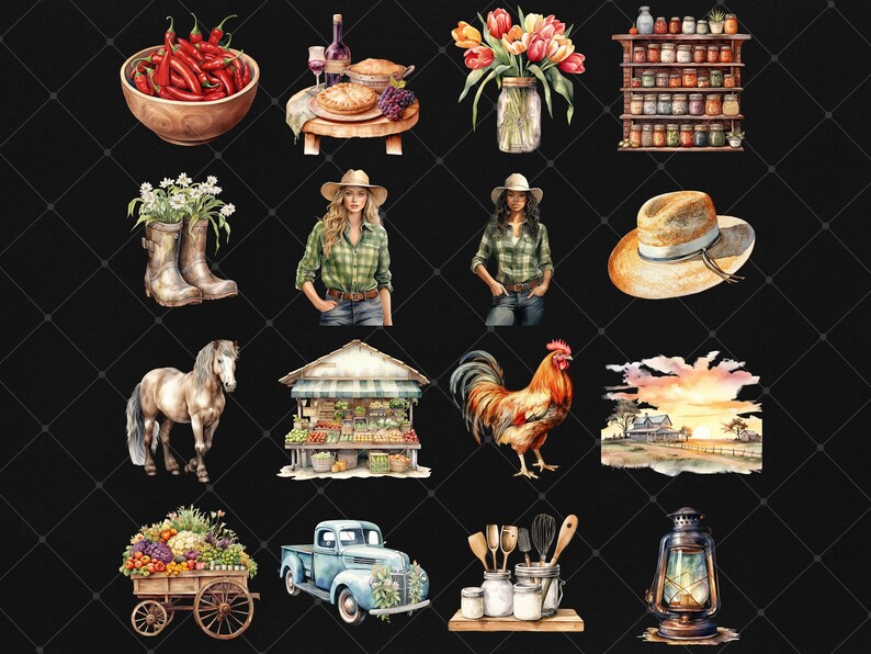Watercolor Farm Life Clipart Bundle, Farmhouse Clip Art, Farm Animals ...