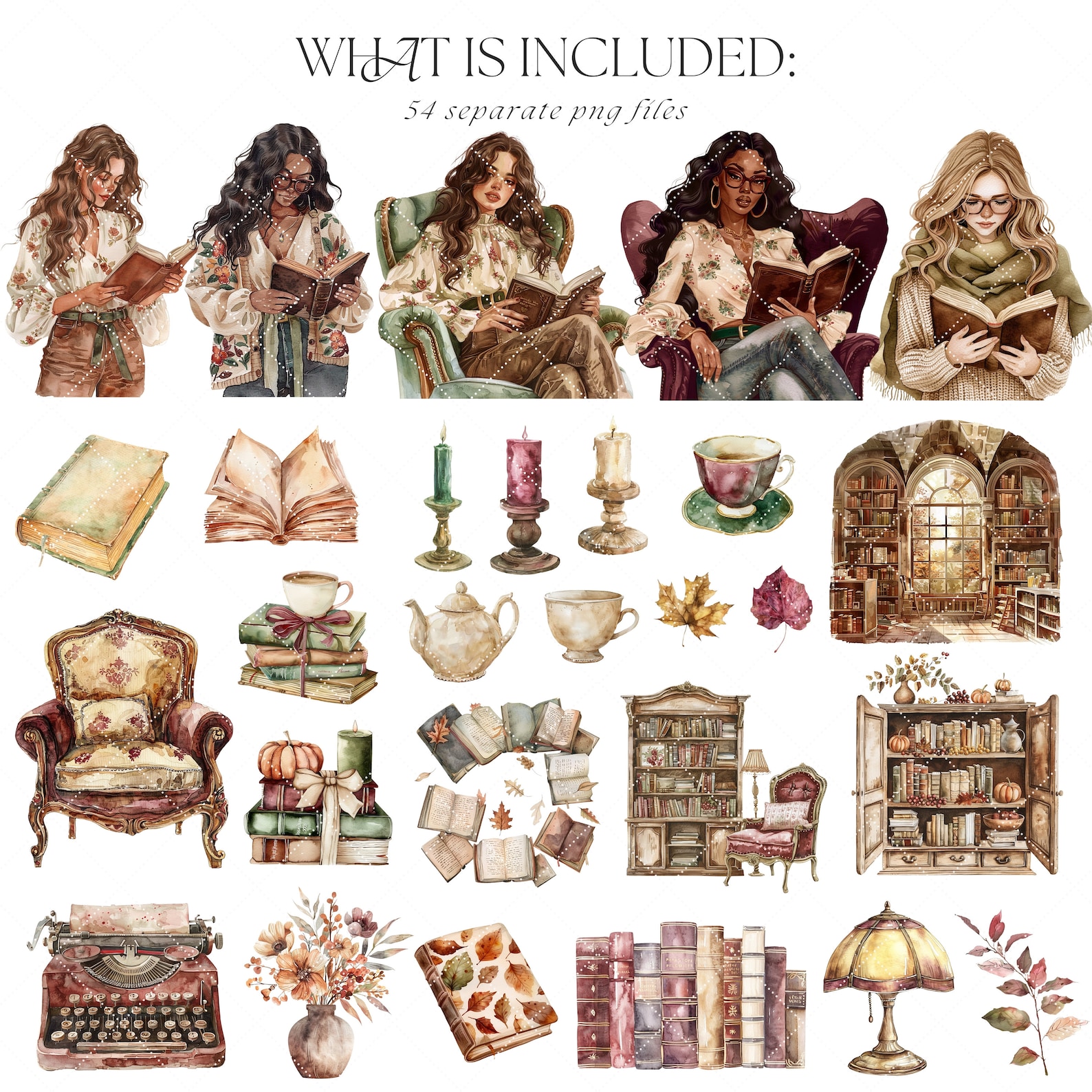 Watercolor Autumn Library Clipart Bundle, Fall Clipart PNG, Books ...