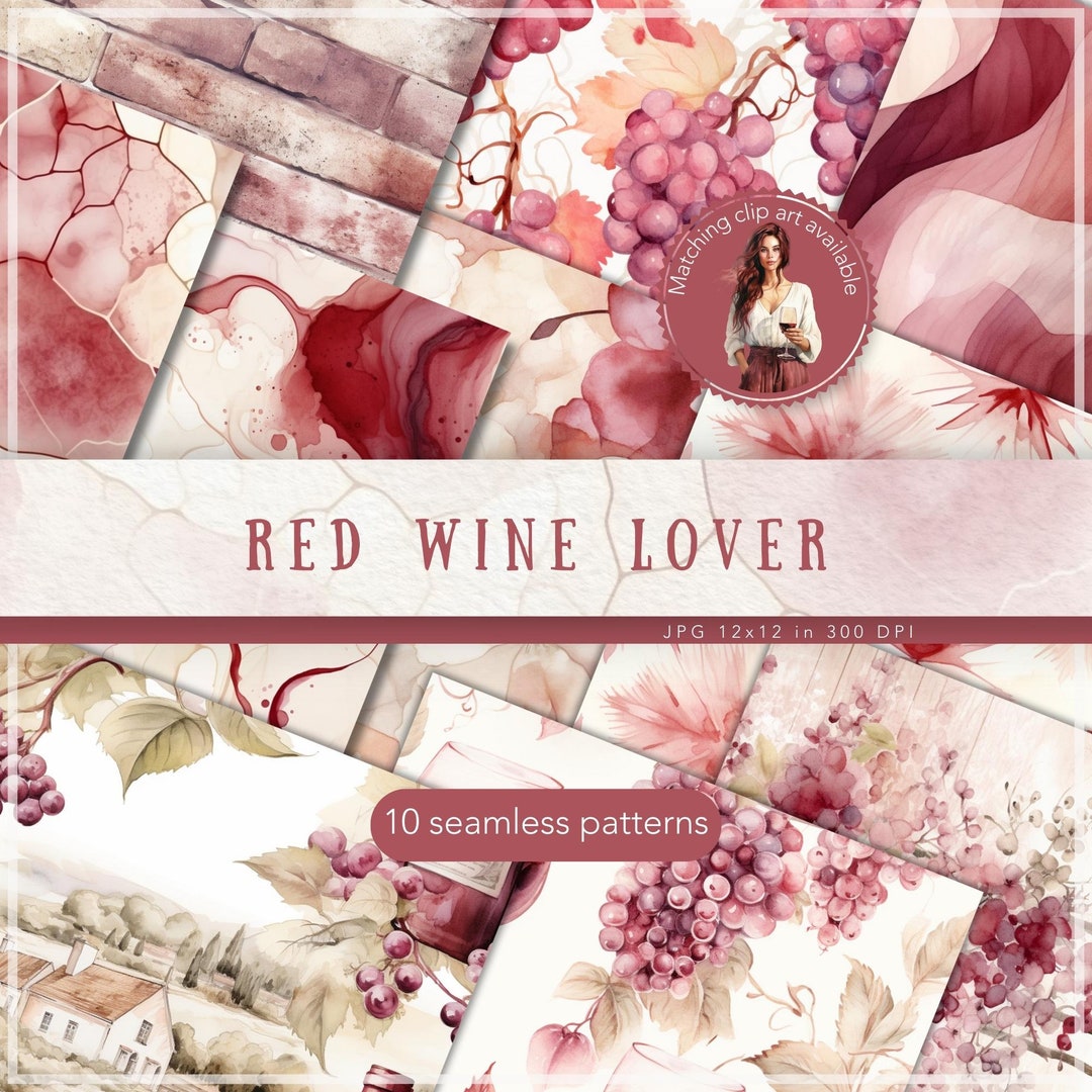 Seamless Watercolor Red Wine Lover Patterns, Red Grape Pattern JPEG ...
