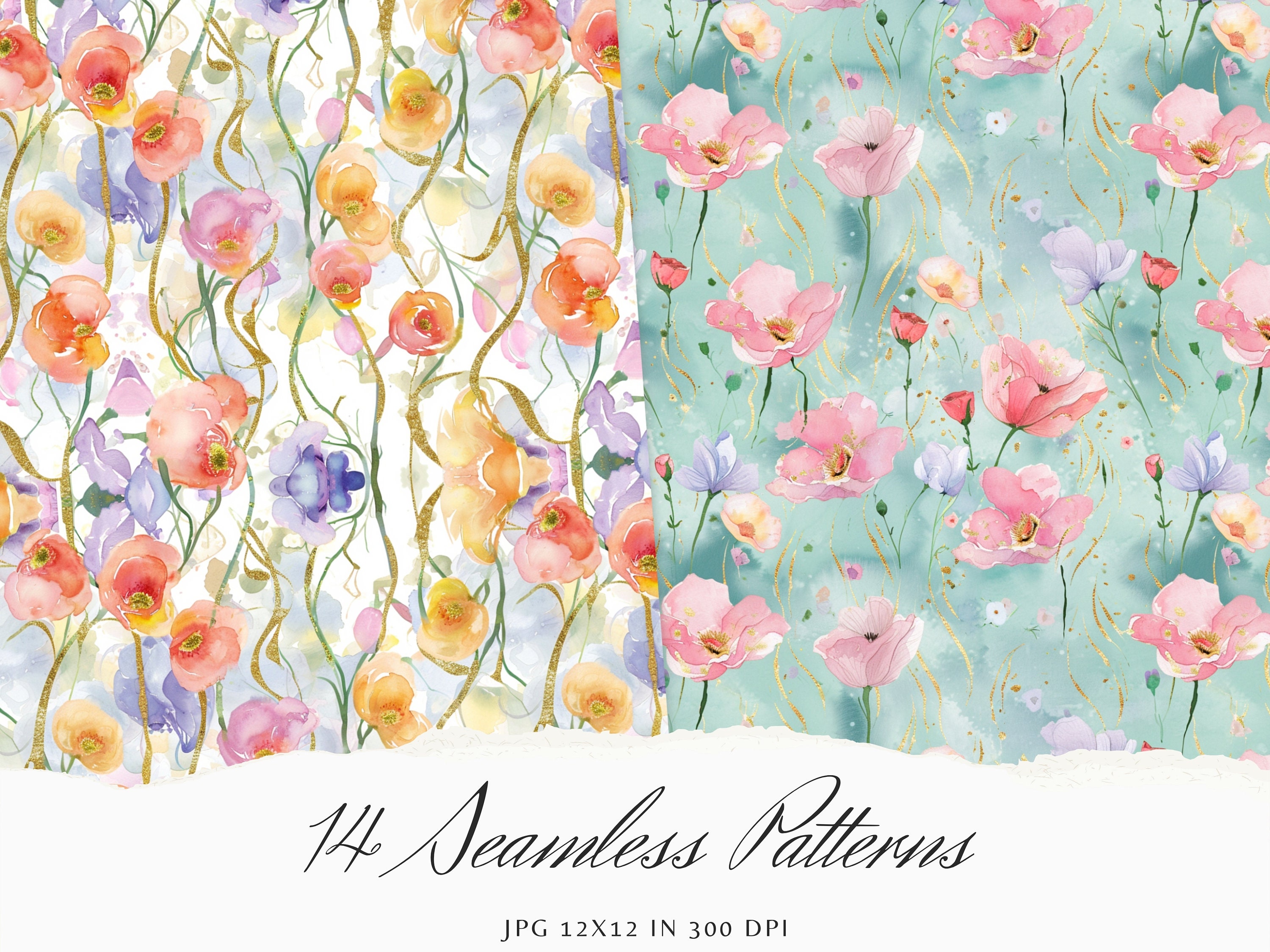14 Seamless Watercolor Floral Patterns, Botanical, Flowers Digital ...