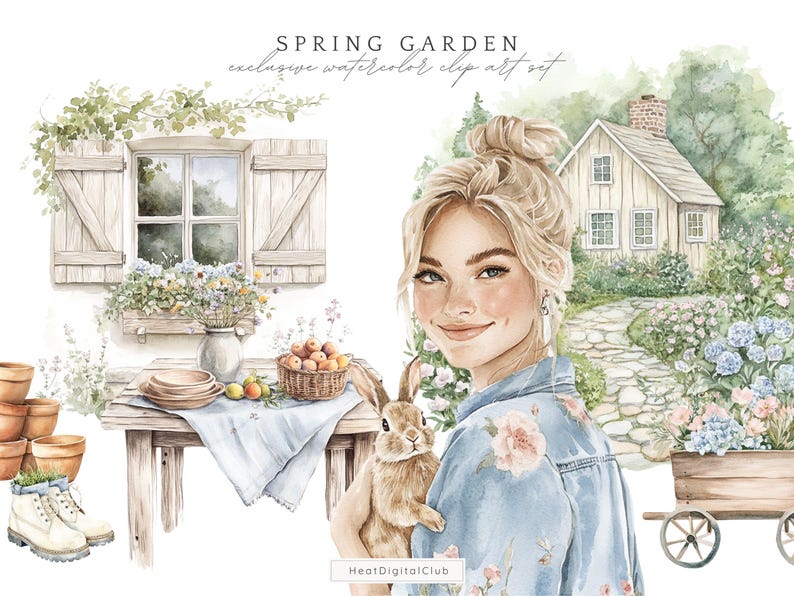 Watercolor Spring Garden Clipart, Cottage Spring Summer Garden, Cozy ...