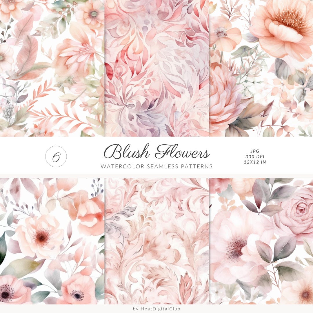 6 Seamless Soft Pink Watercolor Flowers Patterns - JPEG - Digital ...