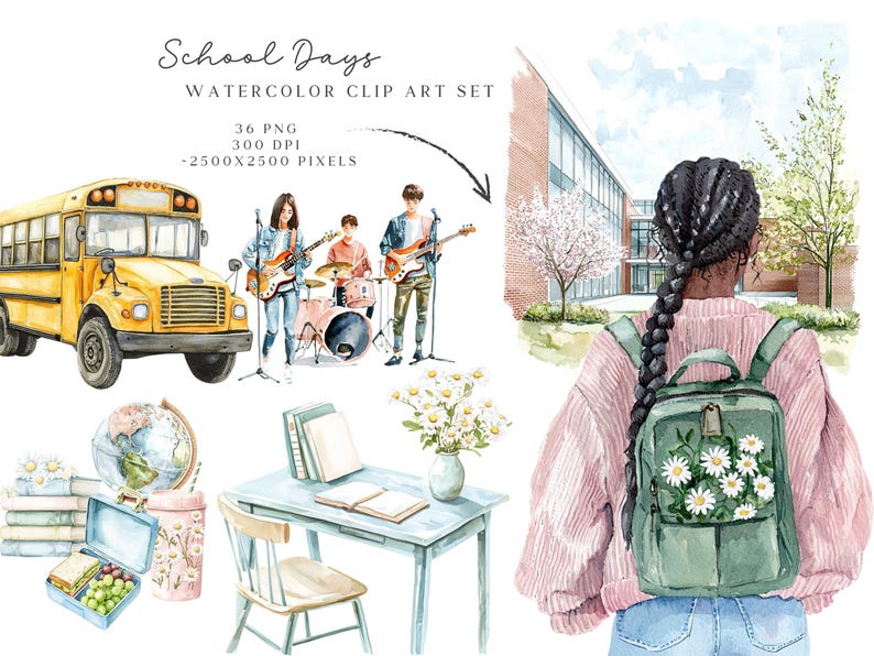 Watercolor School Days Clipart, Back to School Planner Clip Art ...