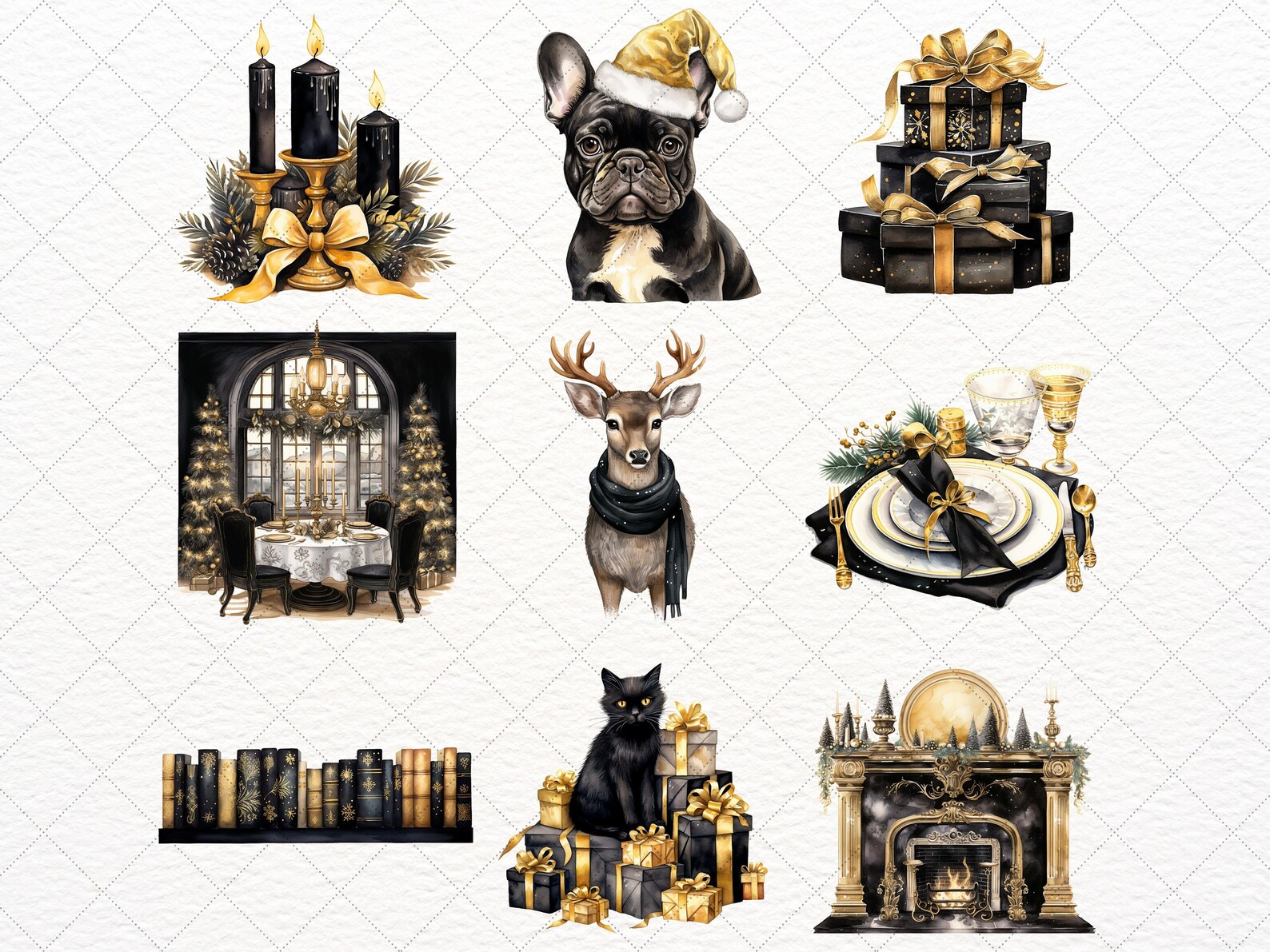 Watercolor Black & Gold Christmas Clipart Bundle, Festive Holiday Clip ...
