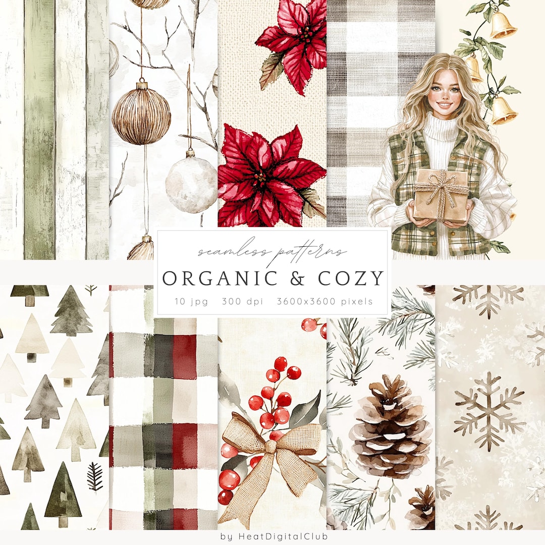 Watercolor Christmas Seamless Patterns, Organic and Cozy Xmas JPEG ...