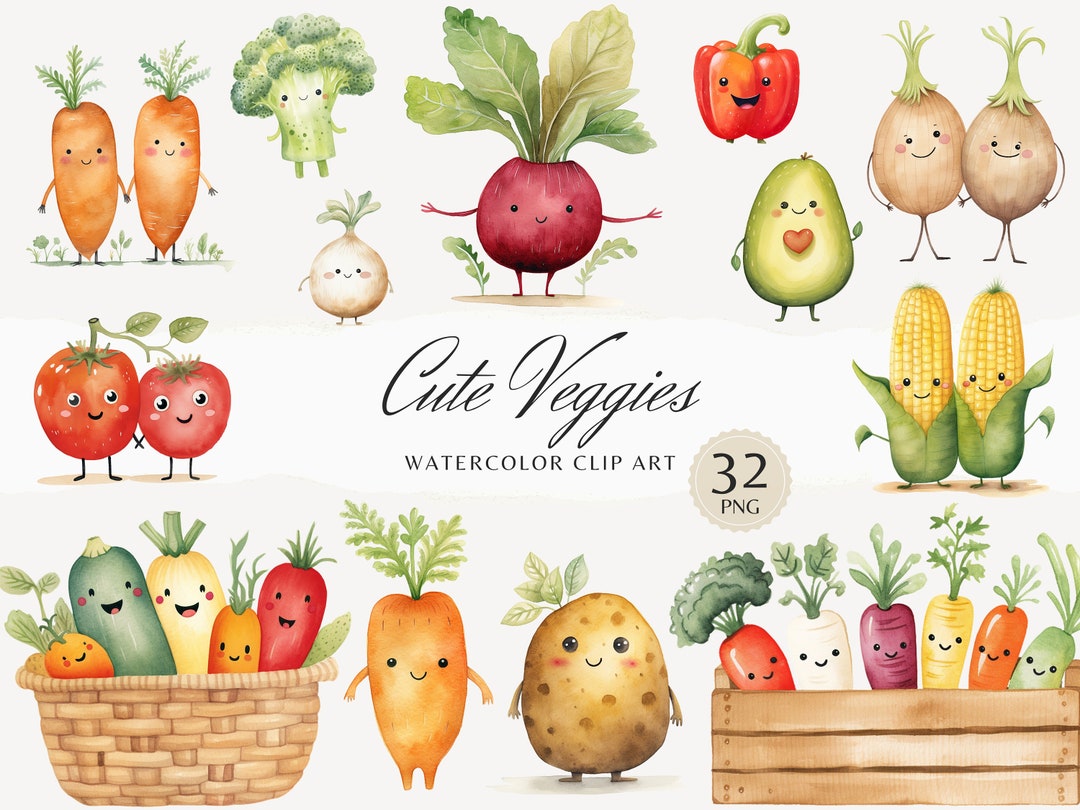 Watercolor Cute Veggies Clipart Bundle, Funny Vegetables Clip Art, Kids ...