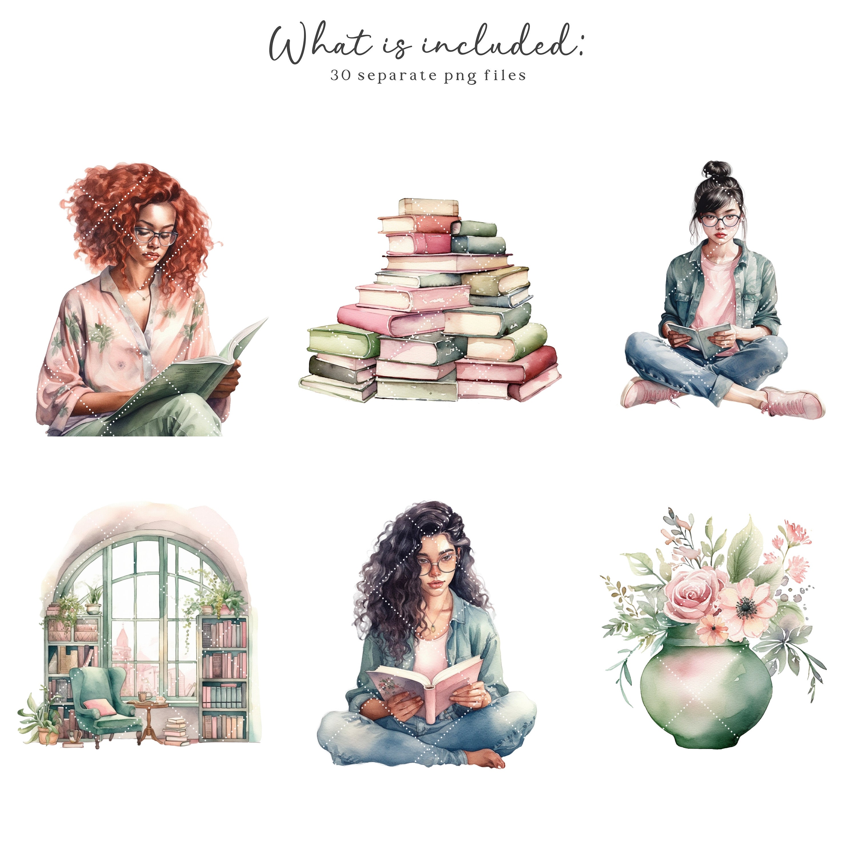 Watercolor Pink Green Bookworm Clip Art Bundle, Bookshelf, Book Lover ...