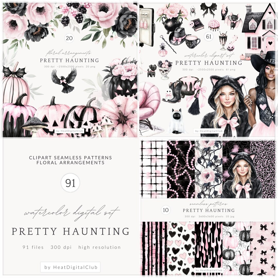 Watercolor Pretty Haunting Clipart, Black and Pink Halloween PNG ...