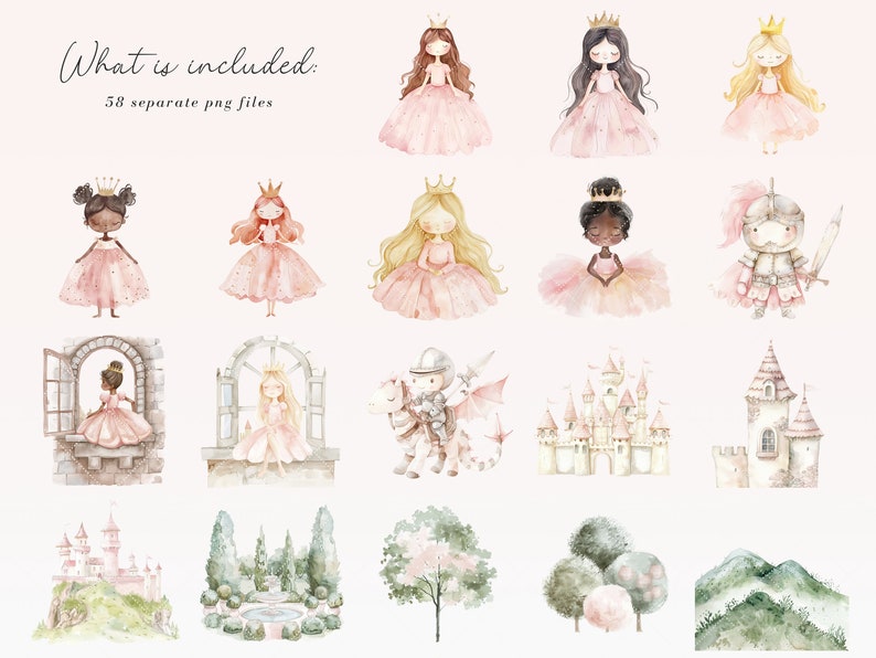 Watercolor Pink Kingdom Clipart, Pink Princesses PNG, Cute Princess ...