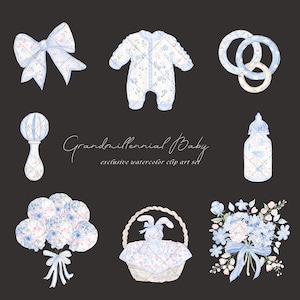 Watercolor Grandmillennial Baby Clipart Bundle, Pastel Baby Toys Clip ...
