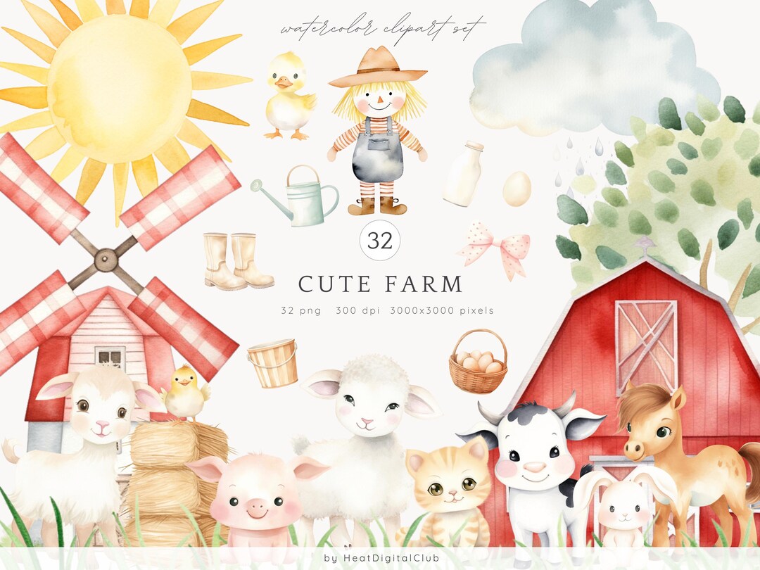 Watercolor Cute Farm Clipart Bundle, Funny Farm Animals Digital Clip ...