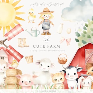 Watercolor Cute Farm Clipart Bundle, Funny Farm Animals Digital Clip ...