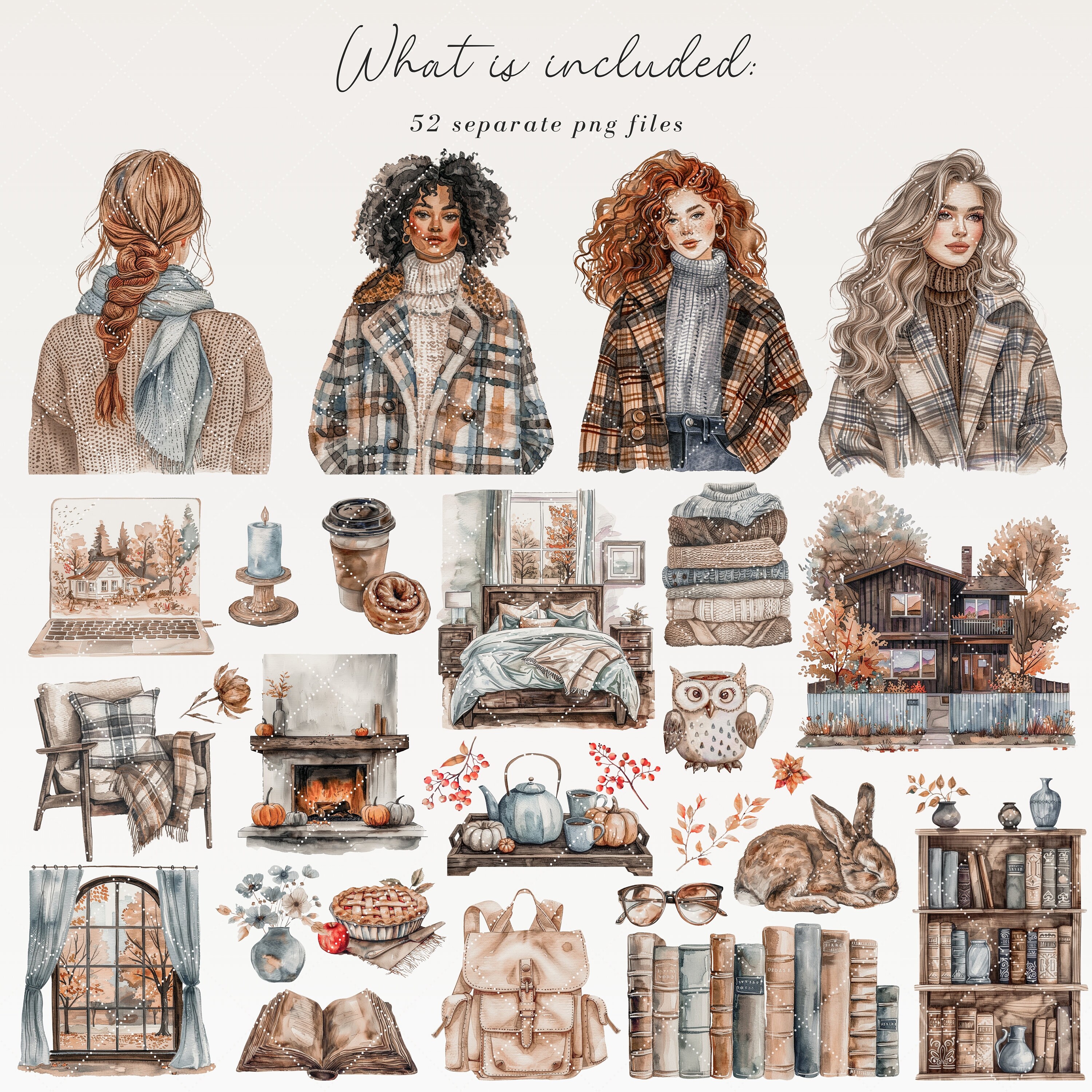 Watercolor Cozy Autumn Clipart Bundle, Fall PNG Images (digital ...