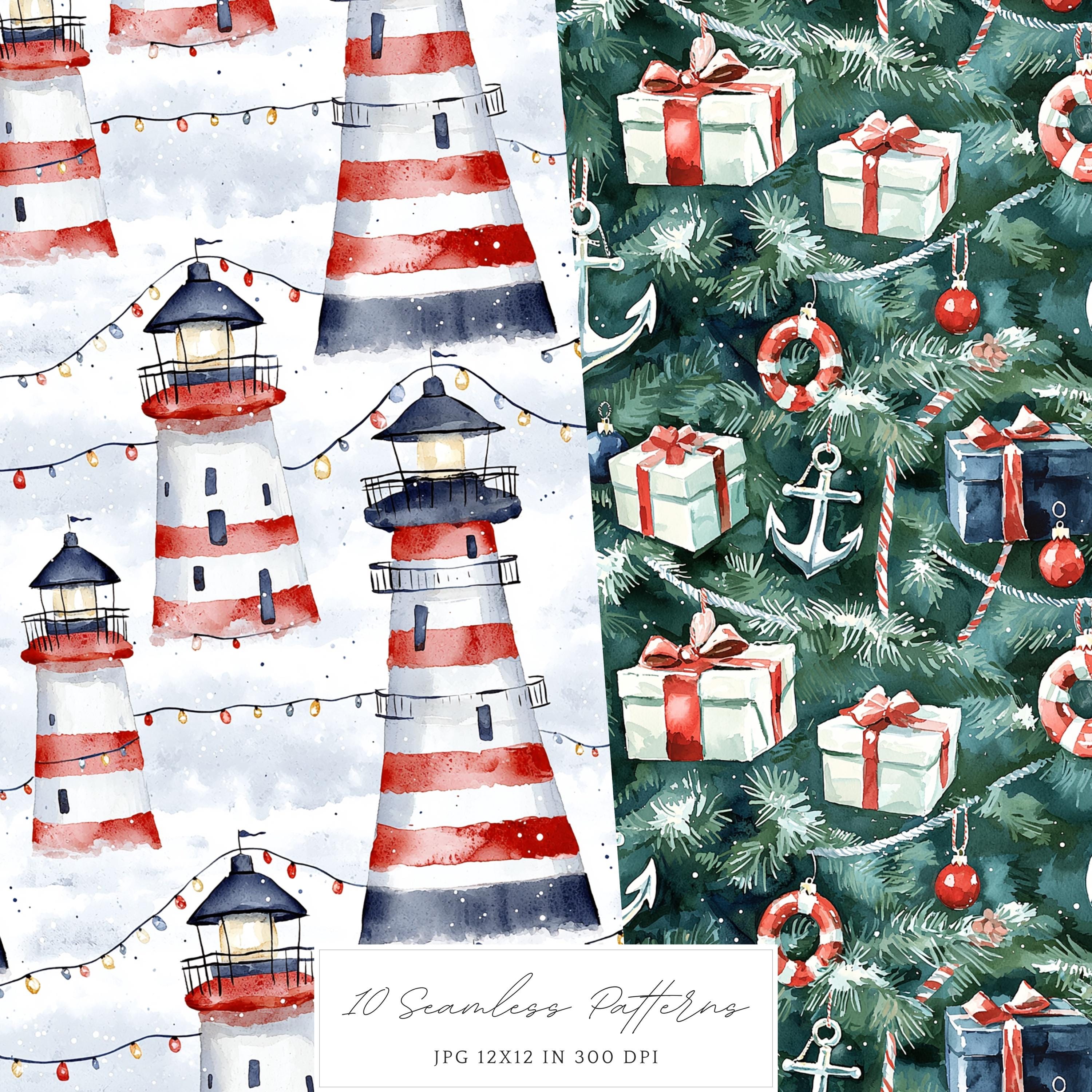 Watercolor Nautical Noel Seamless Patterns, Winter Christmas JPEG ...